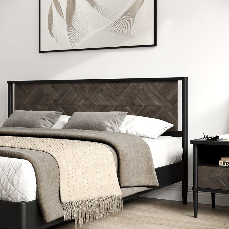 George Oliver Cartlin Acacia Modern Wooden Platform Bed Frame with Artistic Chevron Headboard Mystic Black Finish Solid Wood